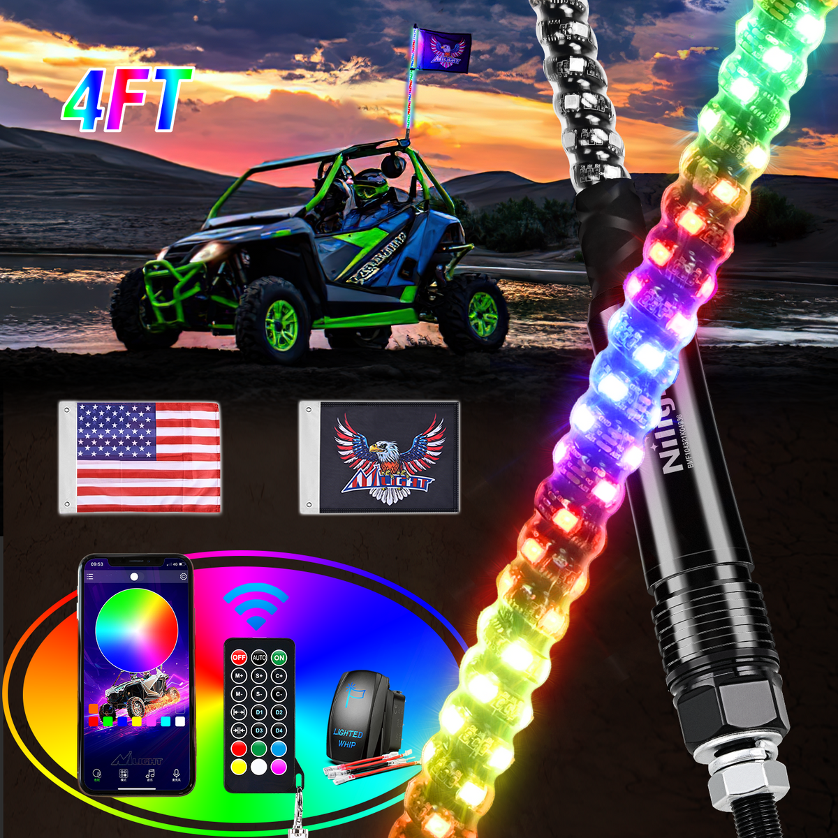 RGB Whip Light 1PC 4FT Lighted Antenna Whips with Remote & App Control ...