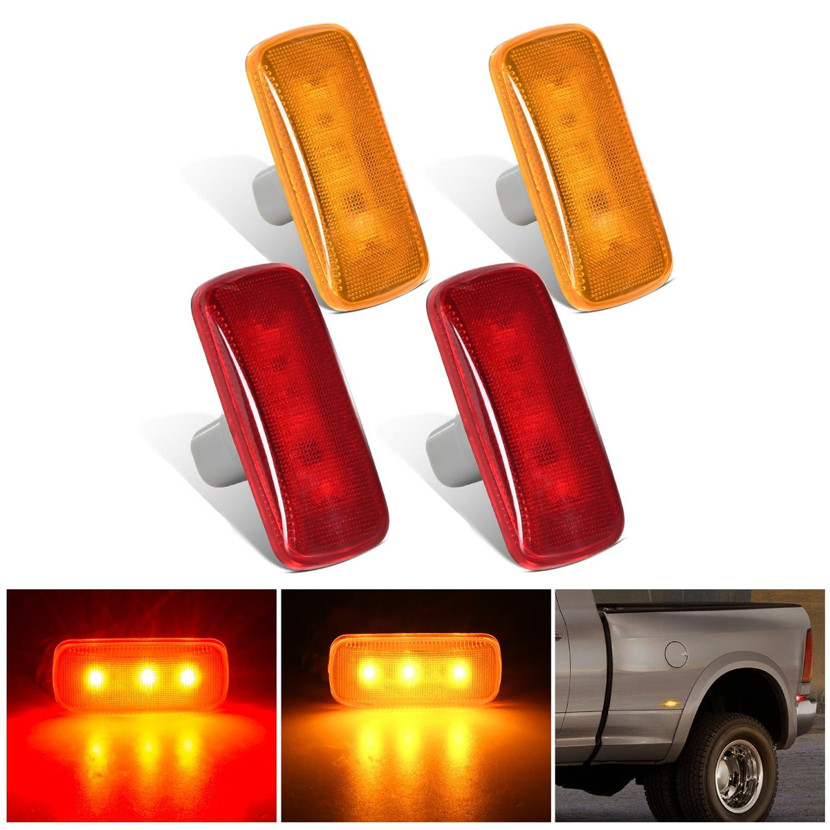 4 PCS 3 LED Red Amber Wheel Fender Side Marker Lights Compatible With ...