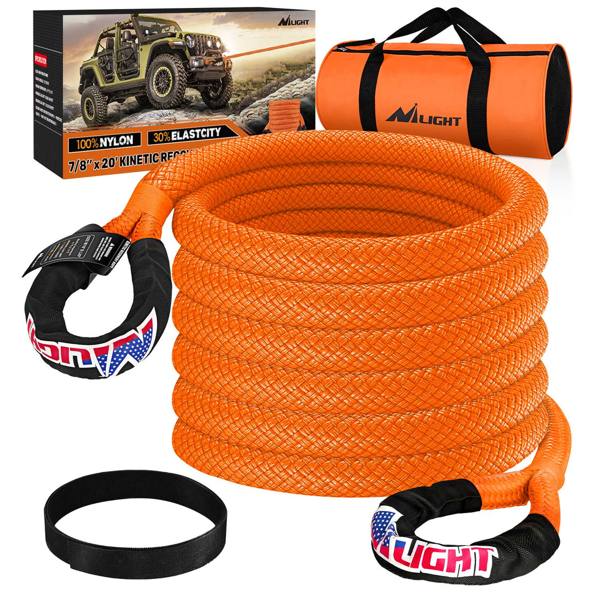 1In By 30FT Kinetic Recovery Rope & 2PCS 1/2In By 24In Soft Shackle ...