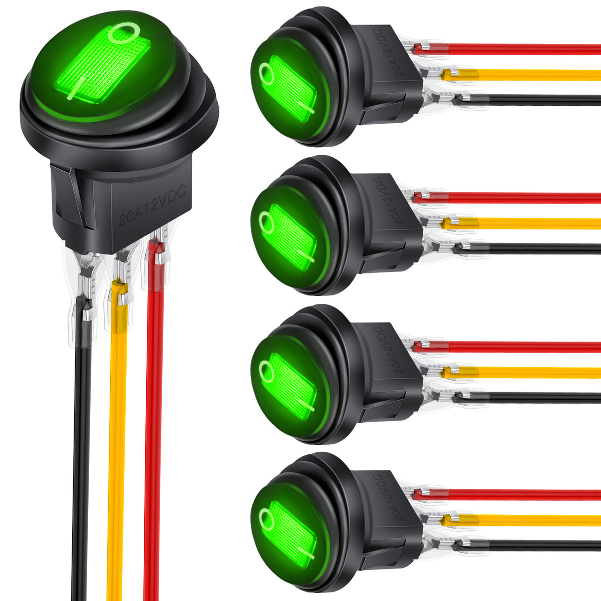 5Pcs Waterproof Round Rocker Toggle Green LED Switch 12V 20A 3 Pin ON ...
