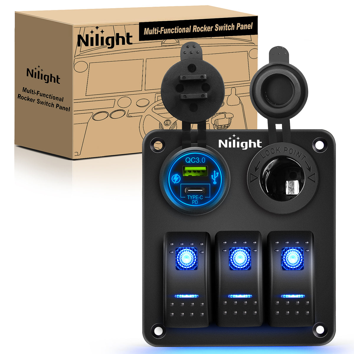3 Gang Rocker Switch Panel Pre-Wired Aluminum with PD Type C and USB ...