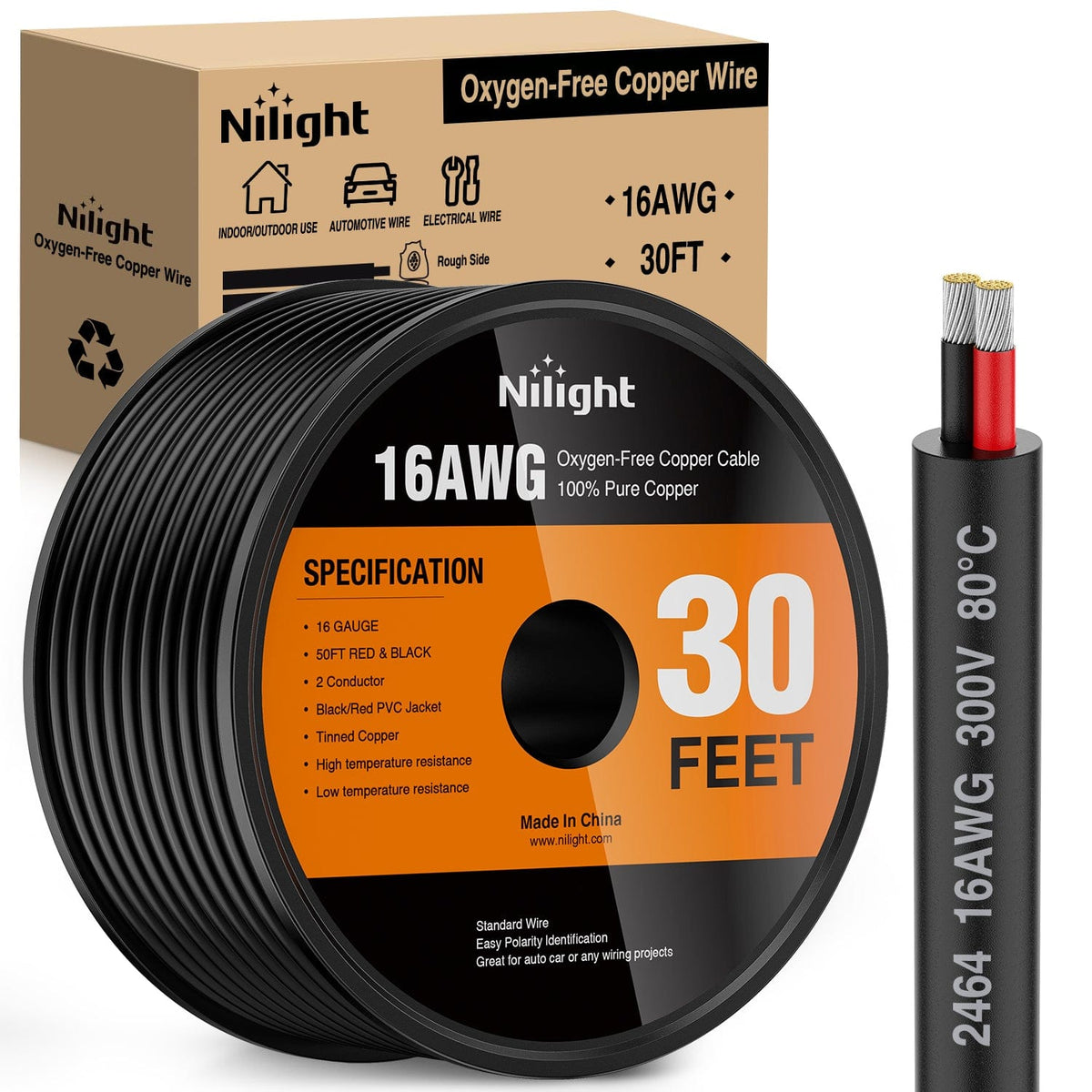 30FT 16AWG Oxygen-Free Copper Wire Red Black Electrical Wire Stranded ...