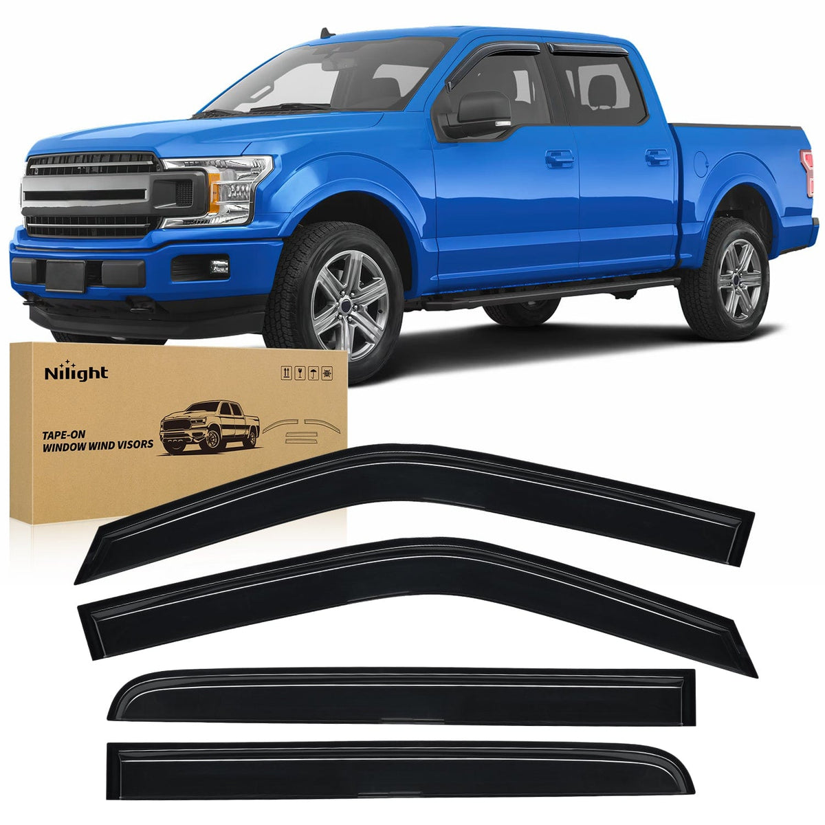 Tape-On Rain Guards for Ford F150 Crew Cab 2015 2016 2017 2018 2019 ...