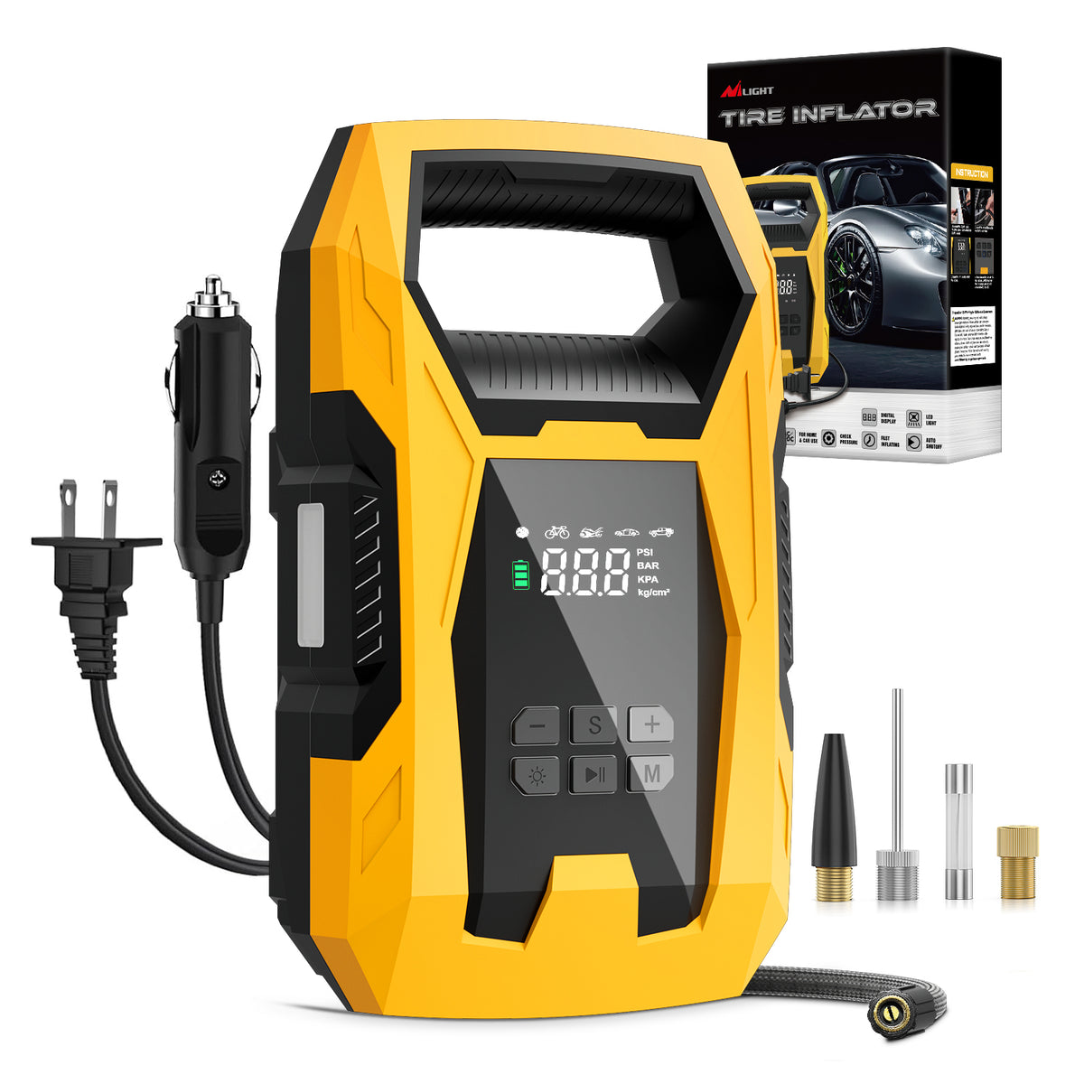 AC/DC Tire Inflator Portable Air Compressor Dual Power Supply 110V AC ...