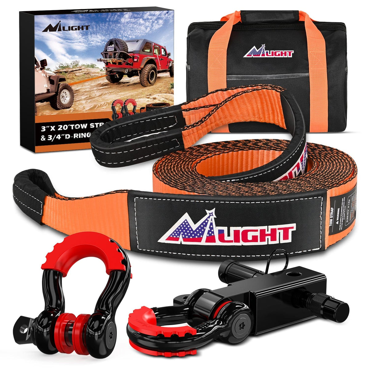 3 x 20 Inch Recovery Tow Strap Kit with 2Inch Hitch Receiver and – Nilight