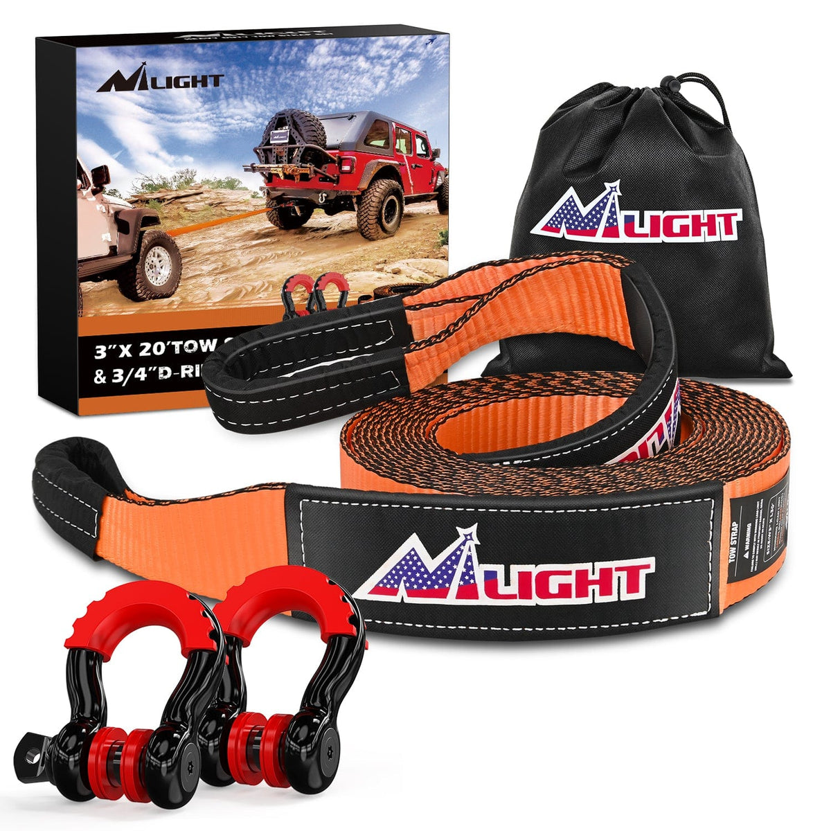 3 x 20Inch Recovery Tow Strap with Anti-Theft D-Ring Shackles - – Nilight