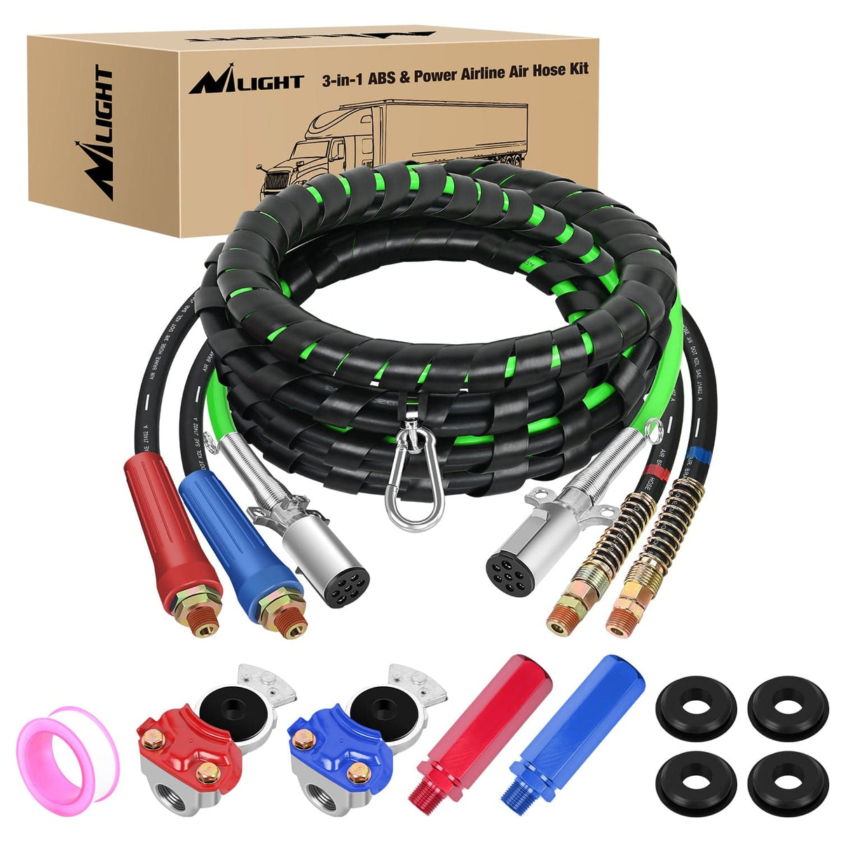 12FT 3-in-1 ABS Electrical Cord & Rubber Air Line Hose Kit with Gladha ...