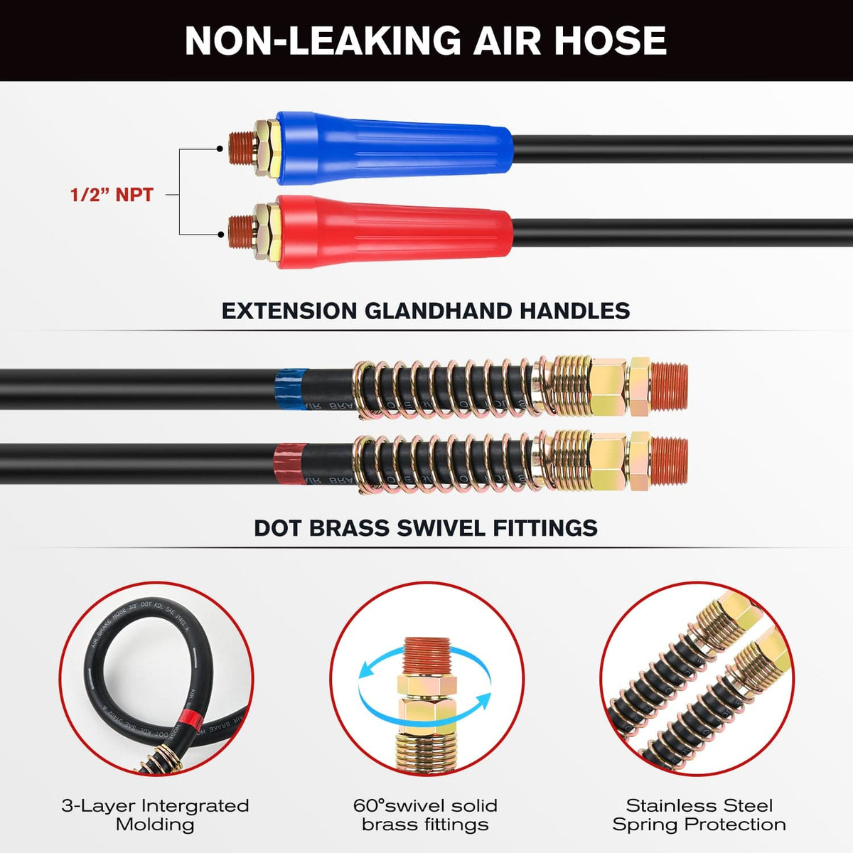 15FT 3-in-1 ABS Electrical Cord Cable & Rubber Air Power Line Hose Kit ...