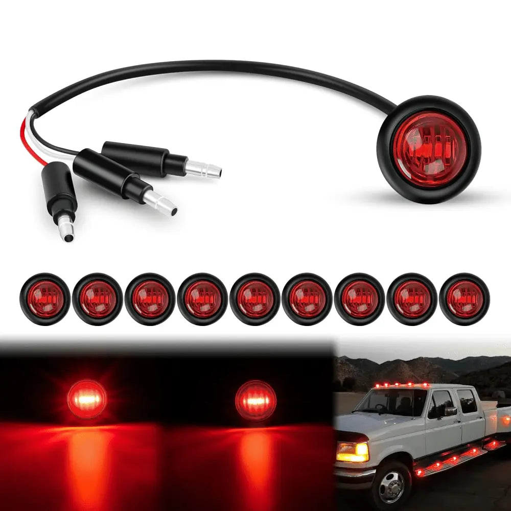 3/4 inch Red Round LED Marker Lights 3 Connectors (10 Pcs) - Nilight
