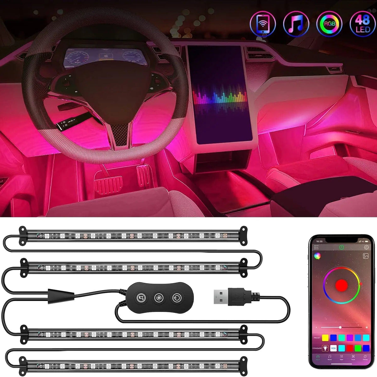 48Leds RGB USB Interior Light Strip APP Remote Control 4PCS – Nilight