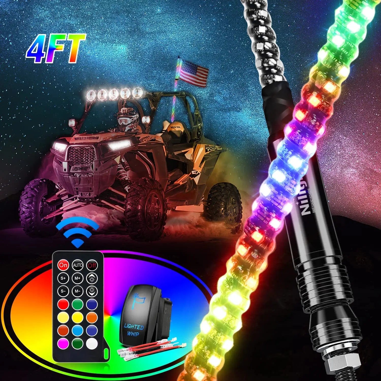 4FT Spiral Antenna Led Whip Light RF Remote Control | 8.6FT Wire 5Pin ...