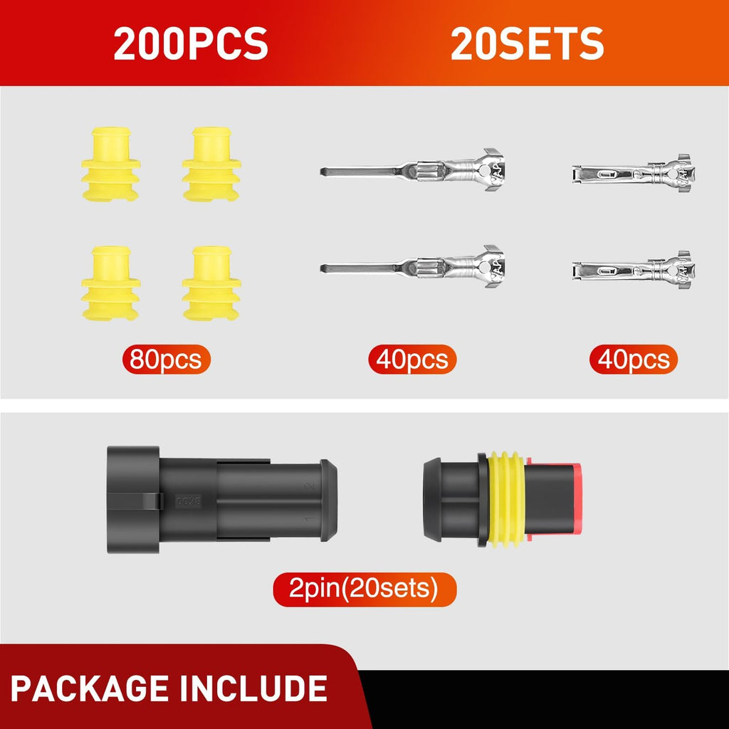 200PCS 2 Pin Electrical Connector ‎Plug Male Female Terminal Wire Conn ...