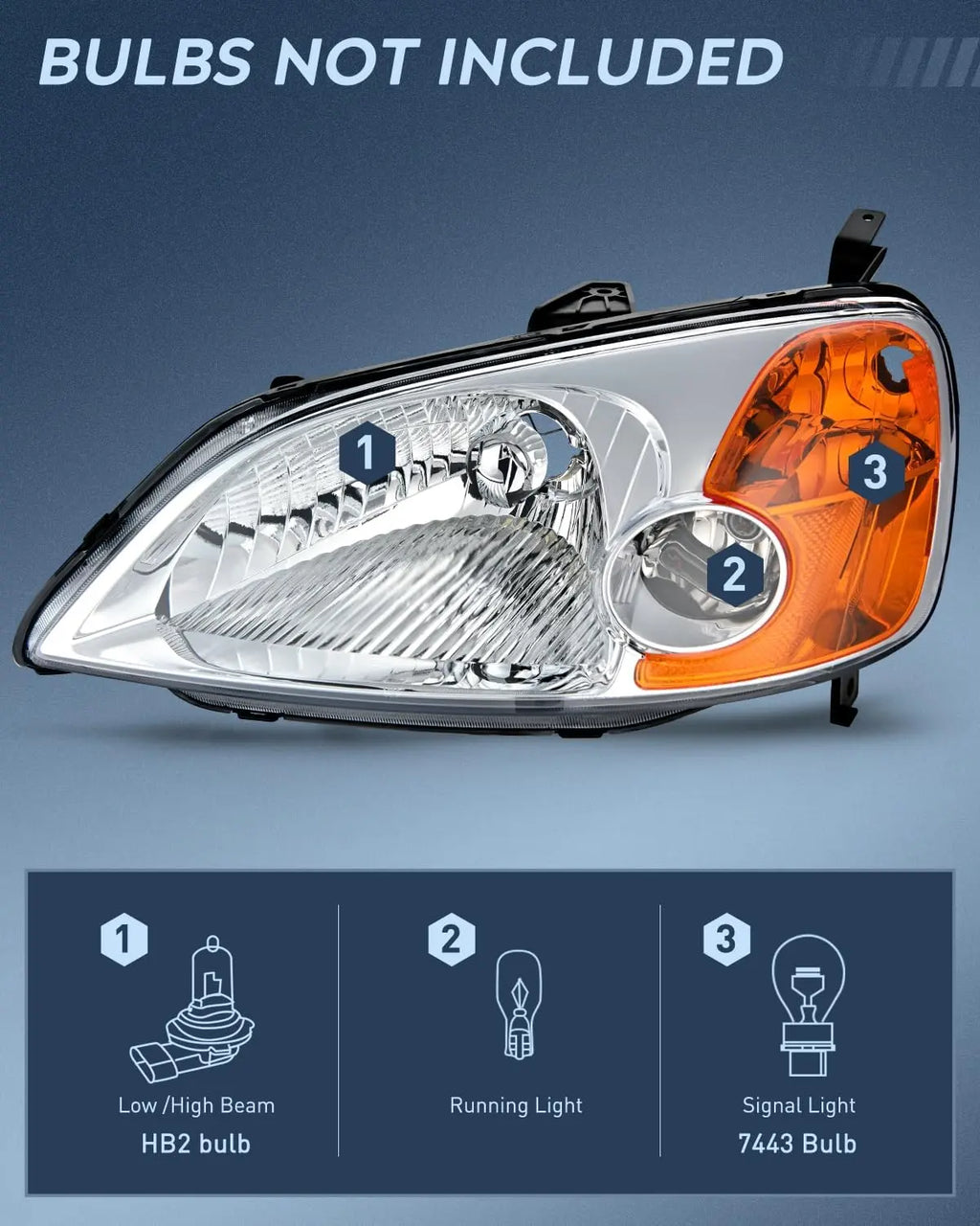 2001-2003 Honda Civic Headlight Assembly Chrome Case Amber Reflector C ...