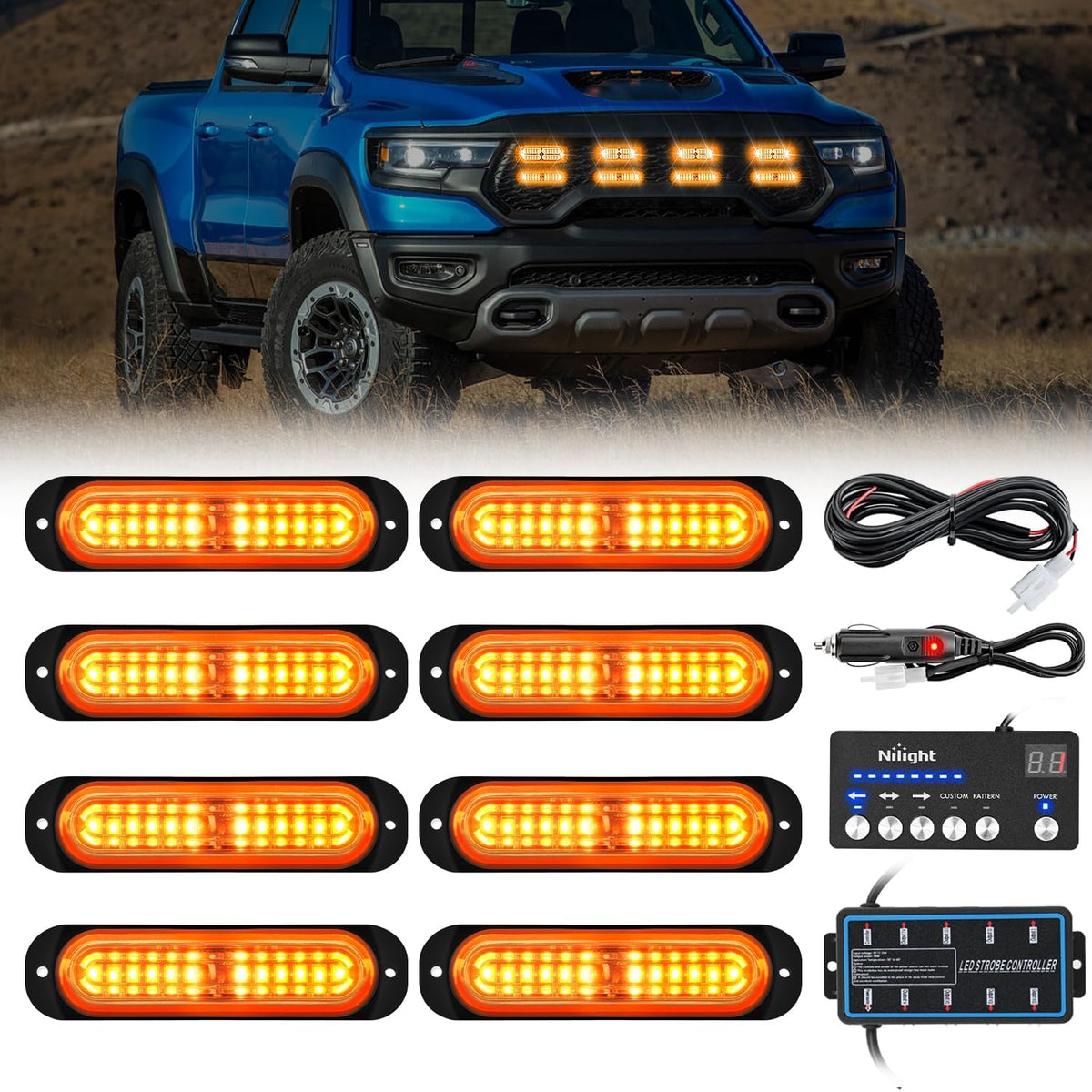 8PCS Led Strobe Lights with Controller 12V 24V Sync Feature Amber ...