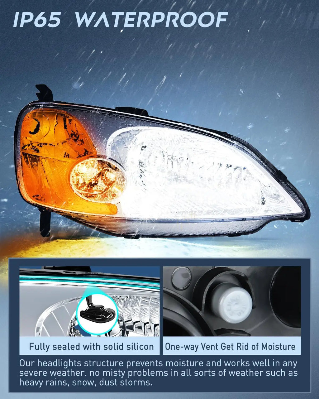 2001-2003 Honda Civic Headlight Assembly Chrome Case Amber Reflector C ...