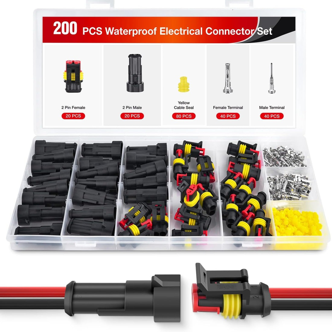 200PCS 2 Pin Electrical Connector ‎Plug Male Female Terminal Wire Conn ...