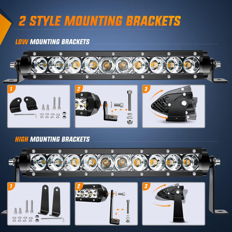 11" 50W Amber Slim Flood Led Light Bar | 2 Style Mounts (Pair) – Nilight
