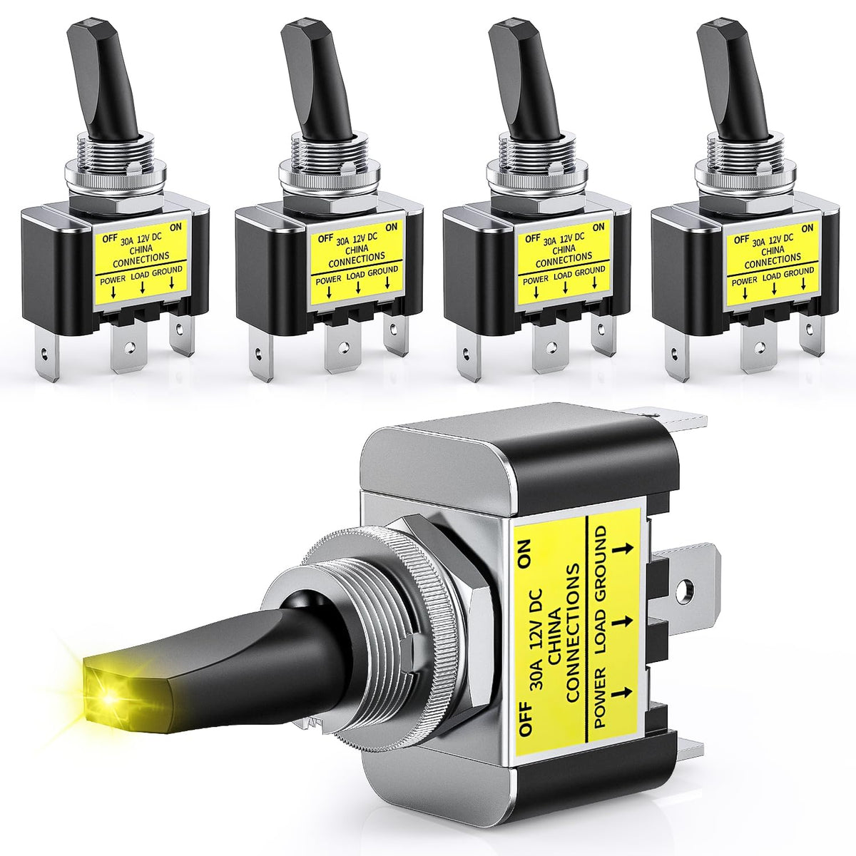 5PCS LED Toggle Switch ON Off 12V 30A Yellow Lighted Metal Heavy Duty ...