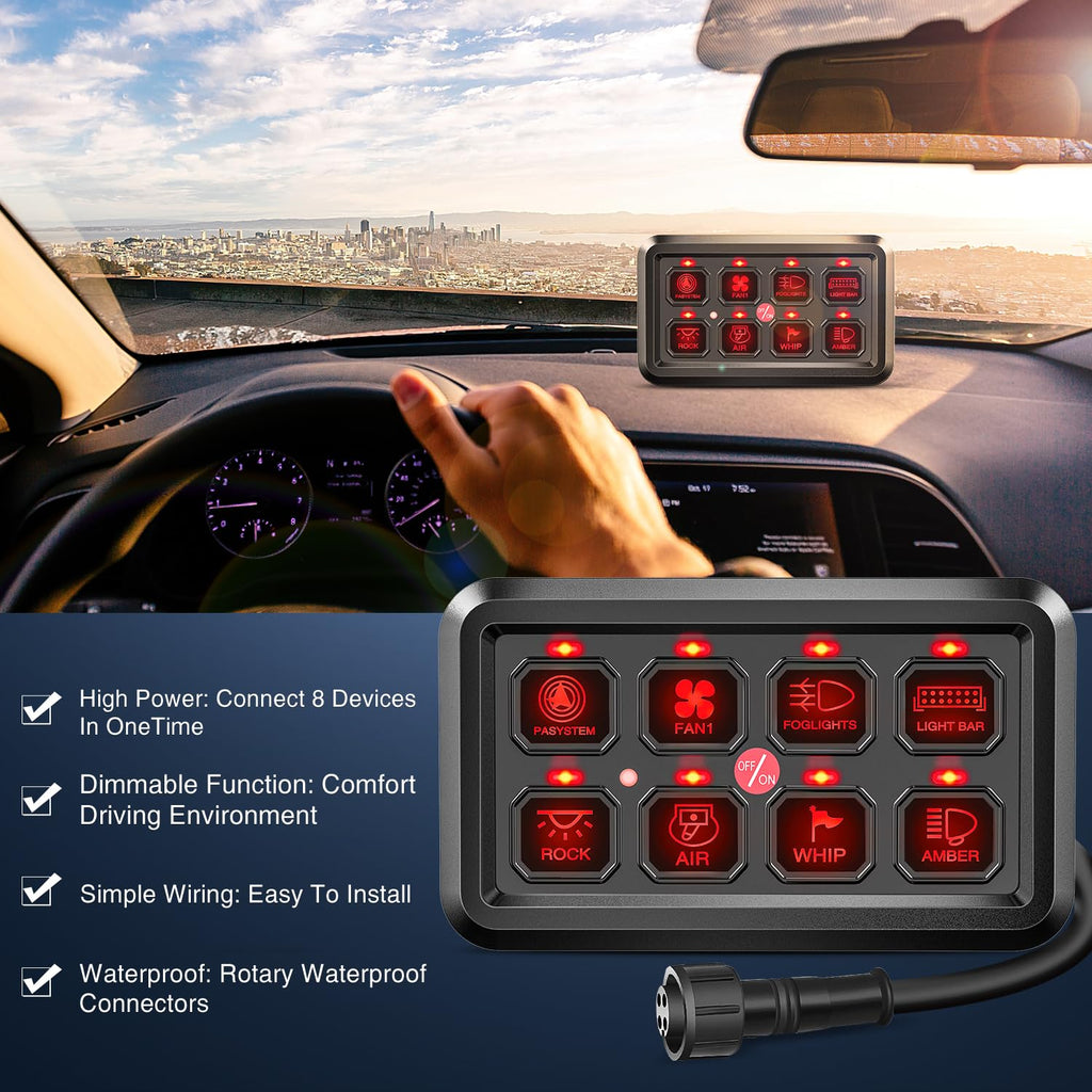 8Gang Multifunction Red Rocker Switch Panel System – Nilight