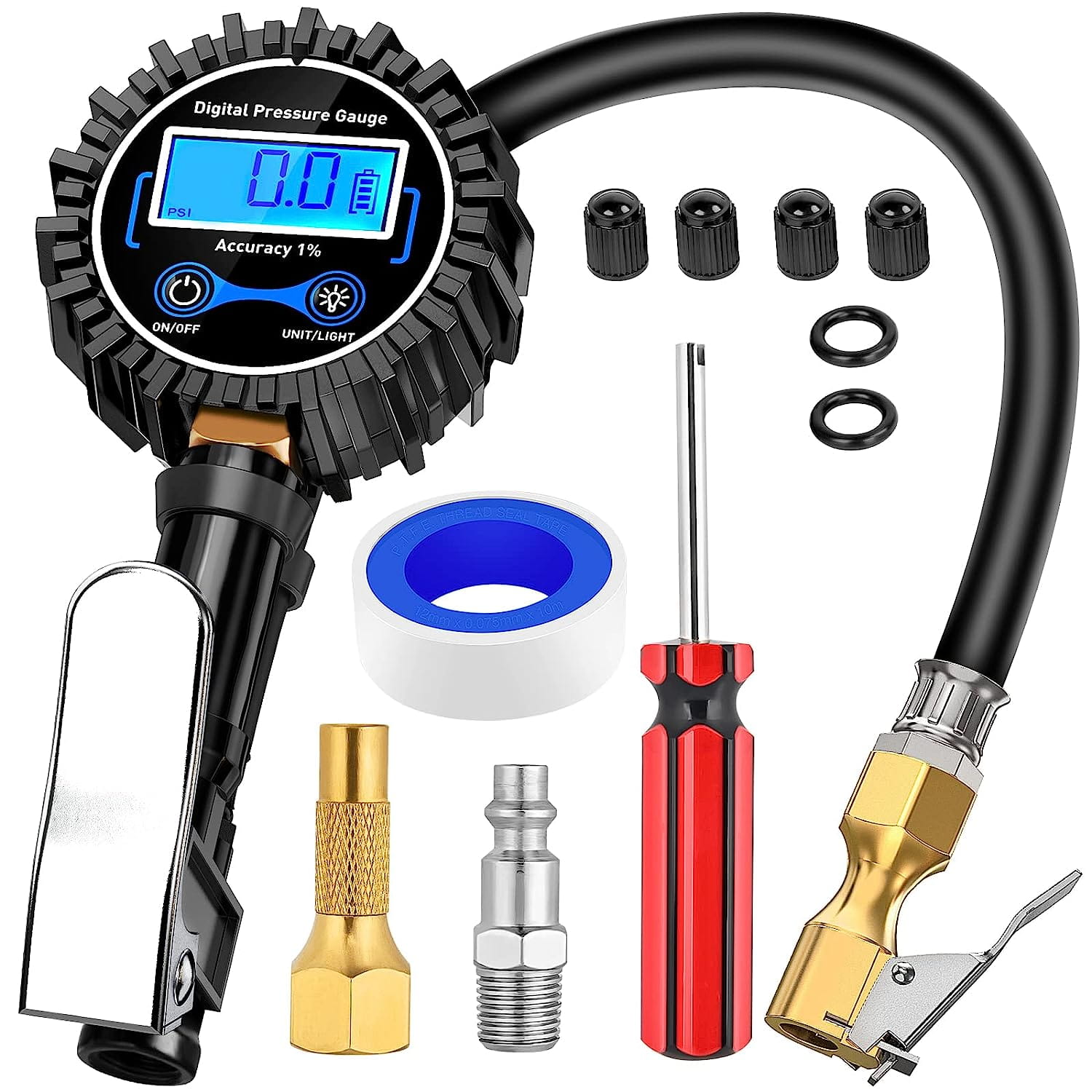 Digital Tire Inflator Pressure Gauge 250PSI Rubber Hose Quick Connect ...