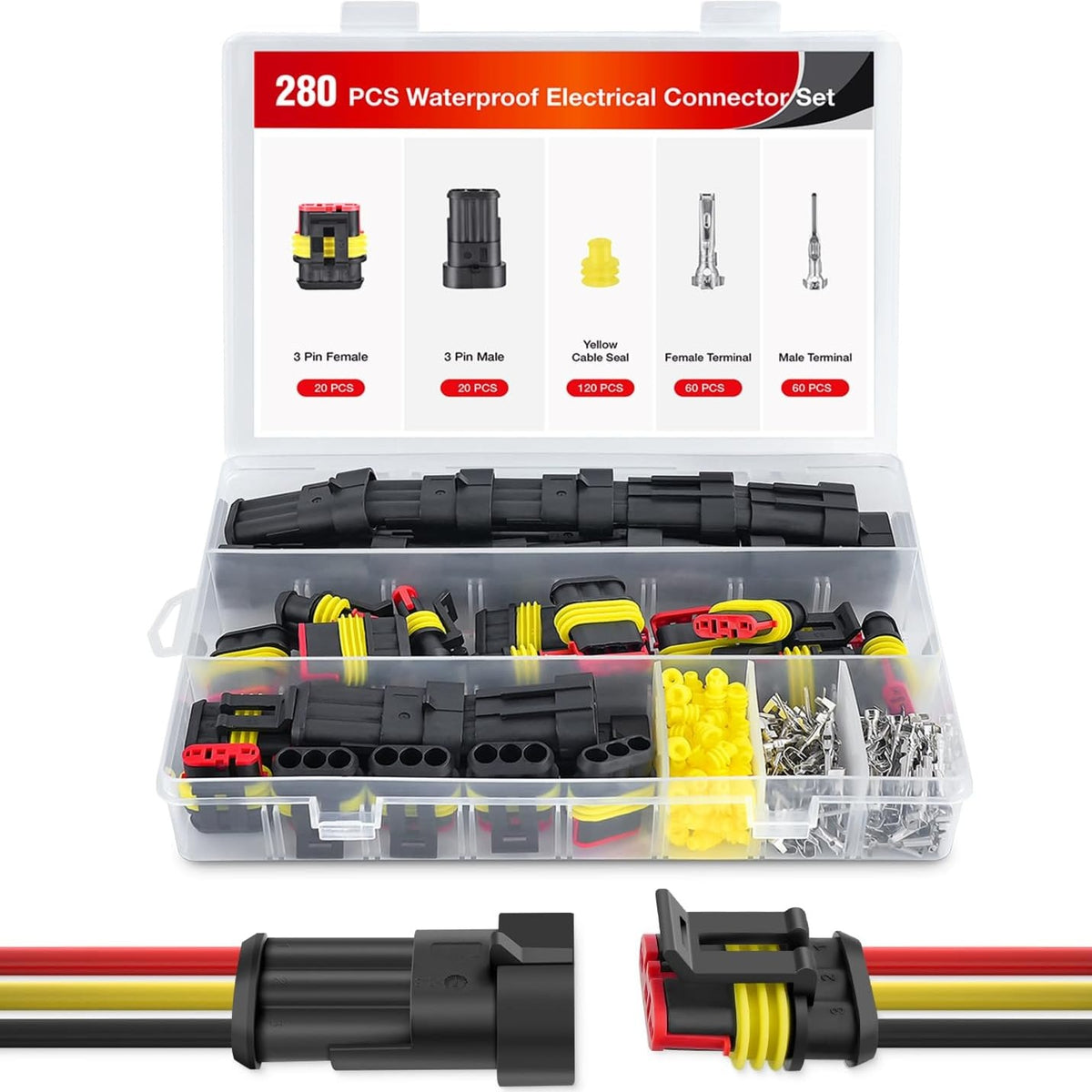 280PCS 3 Pin Electrical Connector ‎Plug Male Female Terminal Wire Conn ...