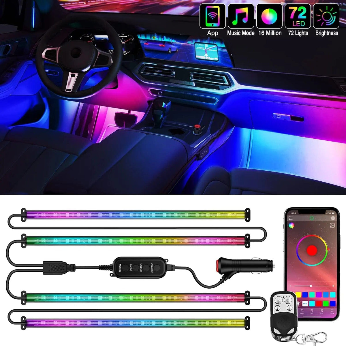 72Leds RGBIC Interior Light Strip APP RF Remote Control 4PCS - Nilight