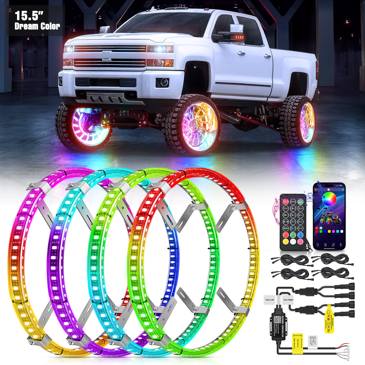 4PCS 15.5inch Double Row Wheel Ring Lights Dream Color with APP and ...
