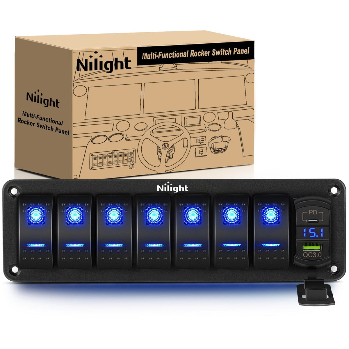 7 Gang Switch Panel With QC3.0 & PD Charger And Voltmerter with Blue ...