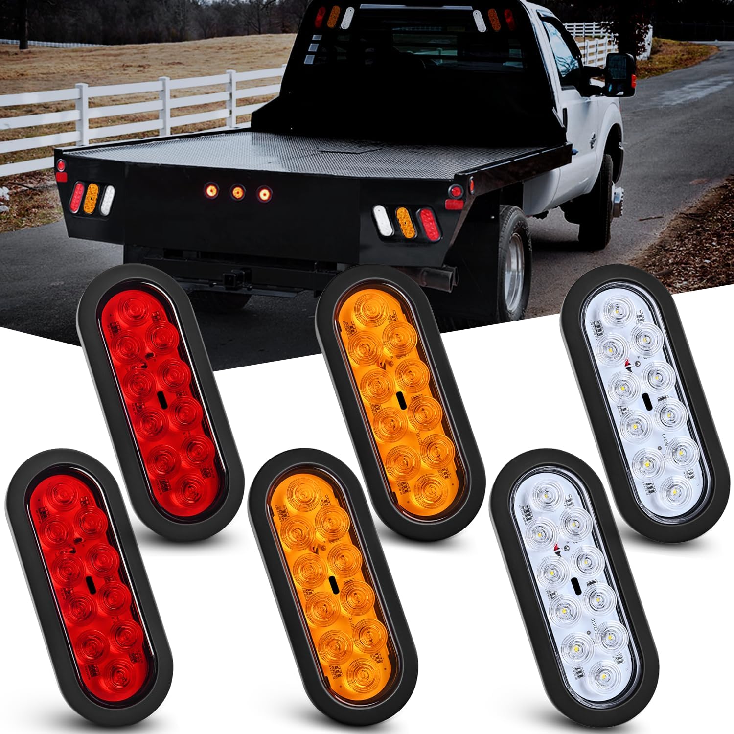Nilight 6inch Oval Trailer Tail Light 6pcs Red Amber White 10led with Flush Mount Grommets Plugs IP67 Waterproof Brake Turn Signals Reverse Lights