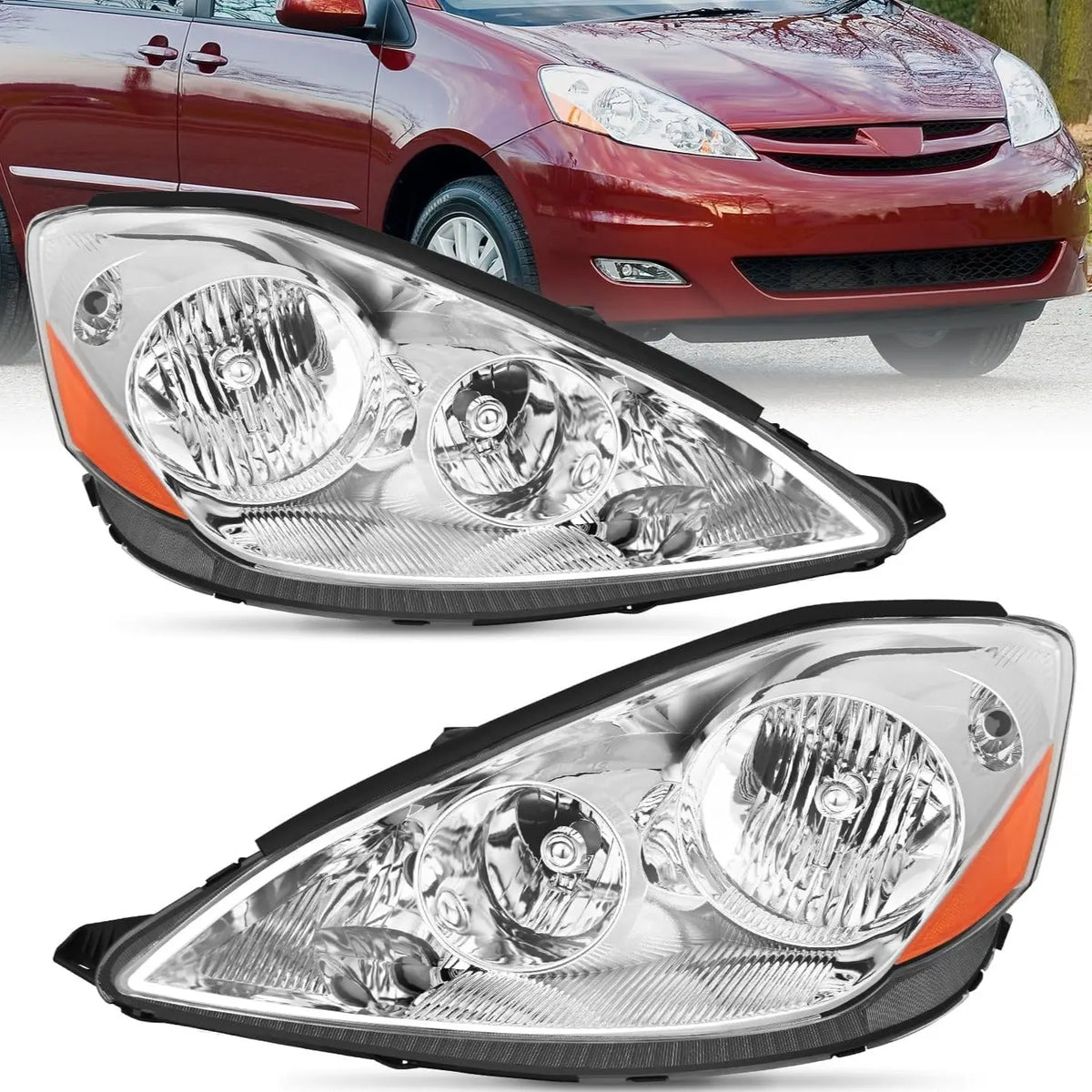 2006-2010 Toyota Sienna Headlight Assembly Chrome Housing Amber Reflec ...