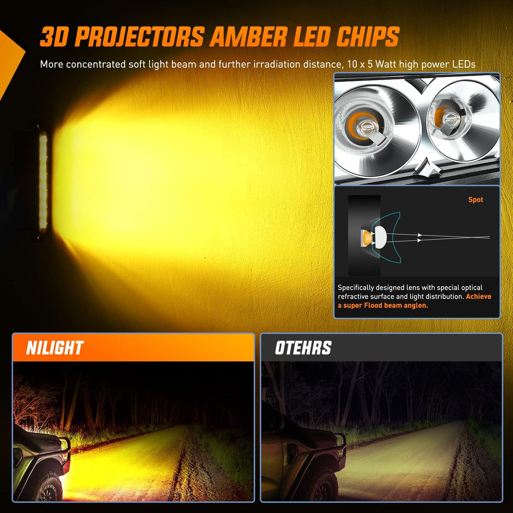11" 50W Amber Slim Flood Led Light Bar | 2 Style Mounts (Pair) – Nilight