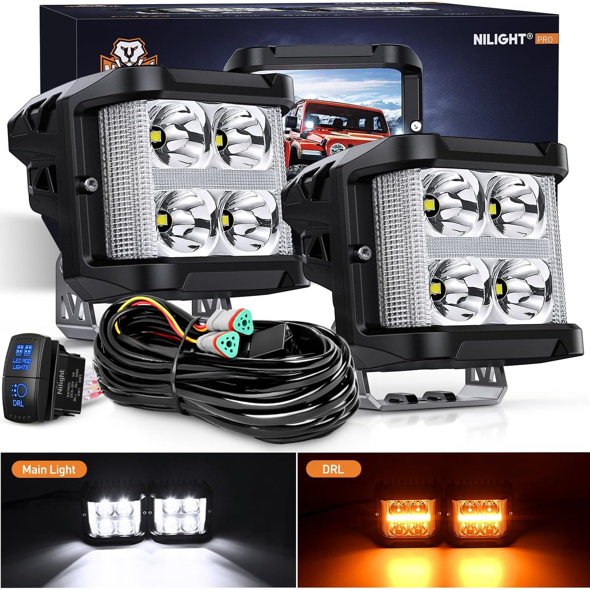 Side Shooter LED Light Pods with Amber DRL 4 Inch 26 W Spot Flood – Nilight