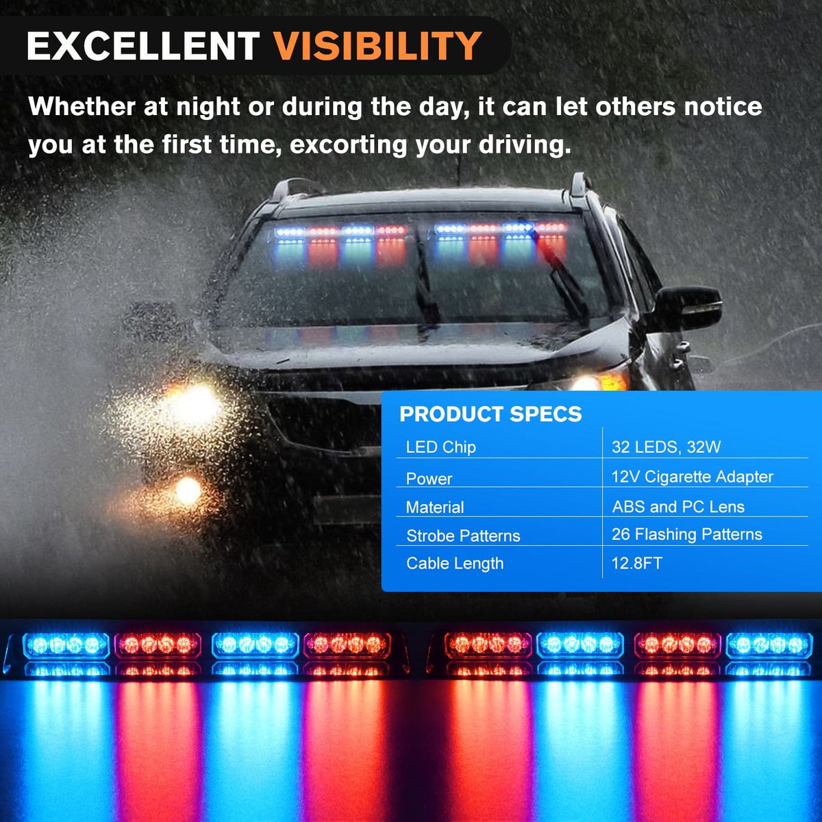 32LED Red Blue Suction Cups Emergency Dash Strobe Lights – Nilight