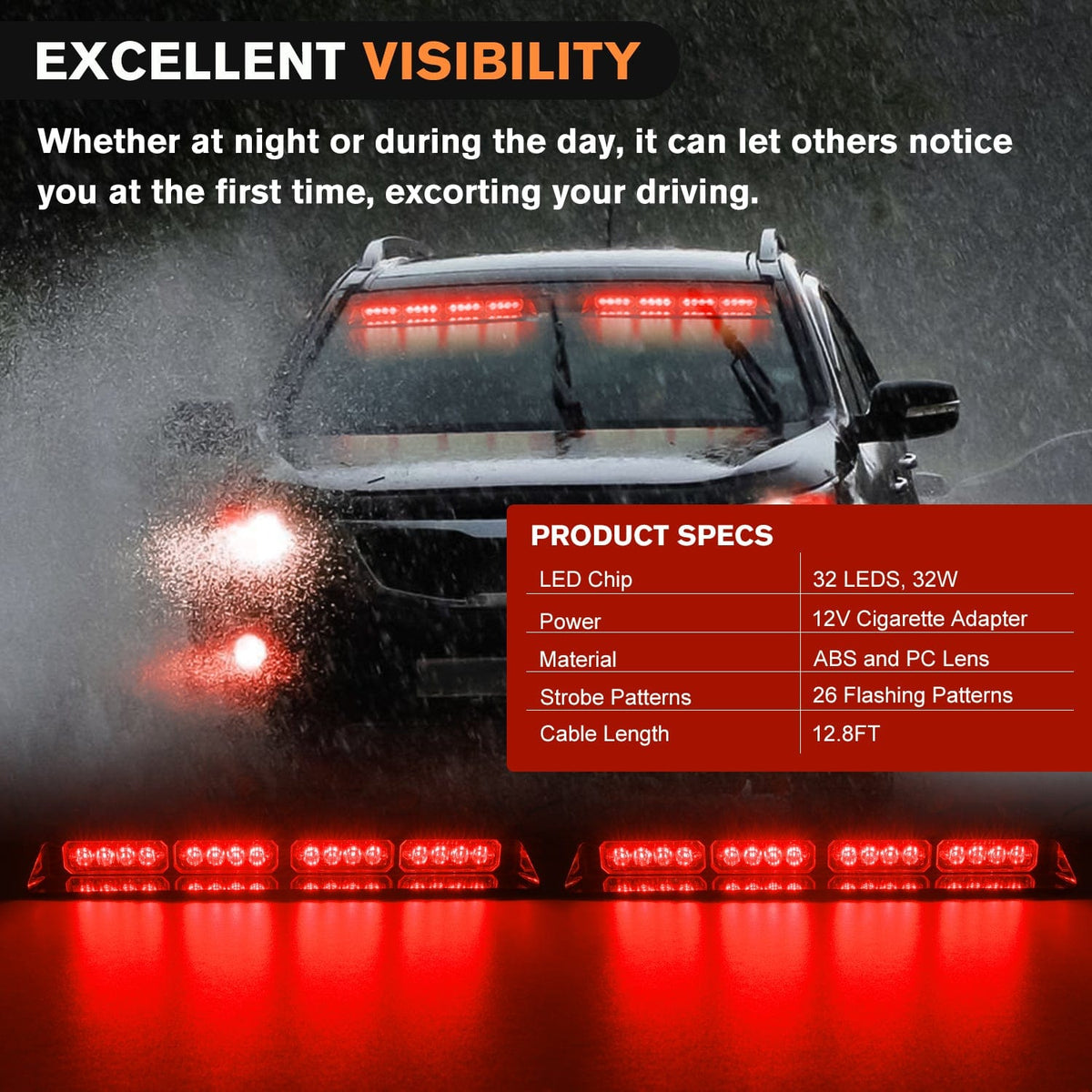 32LED Red Emergency Dash Strobe Lights with Controller Suction Cups ...