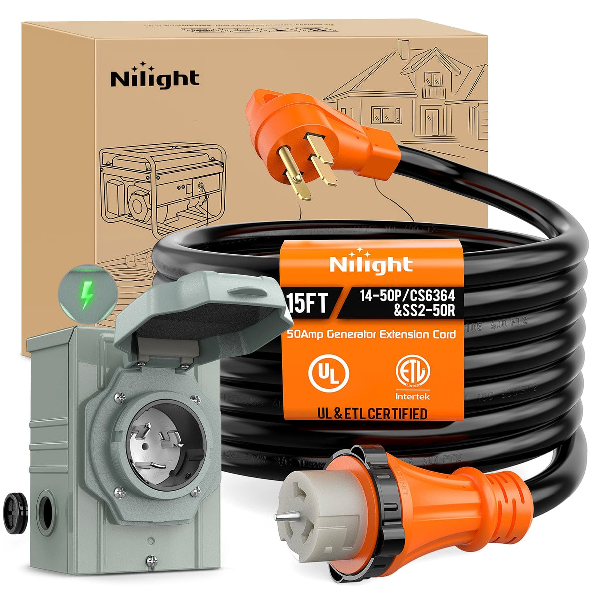 50A 15FT Generator Extension Cord and Power Inlet Box 125/250V Heavy ...
