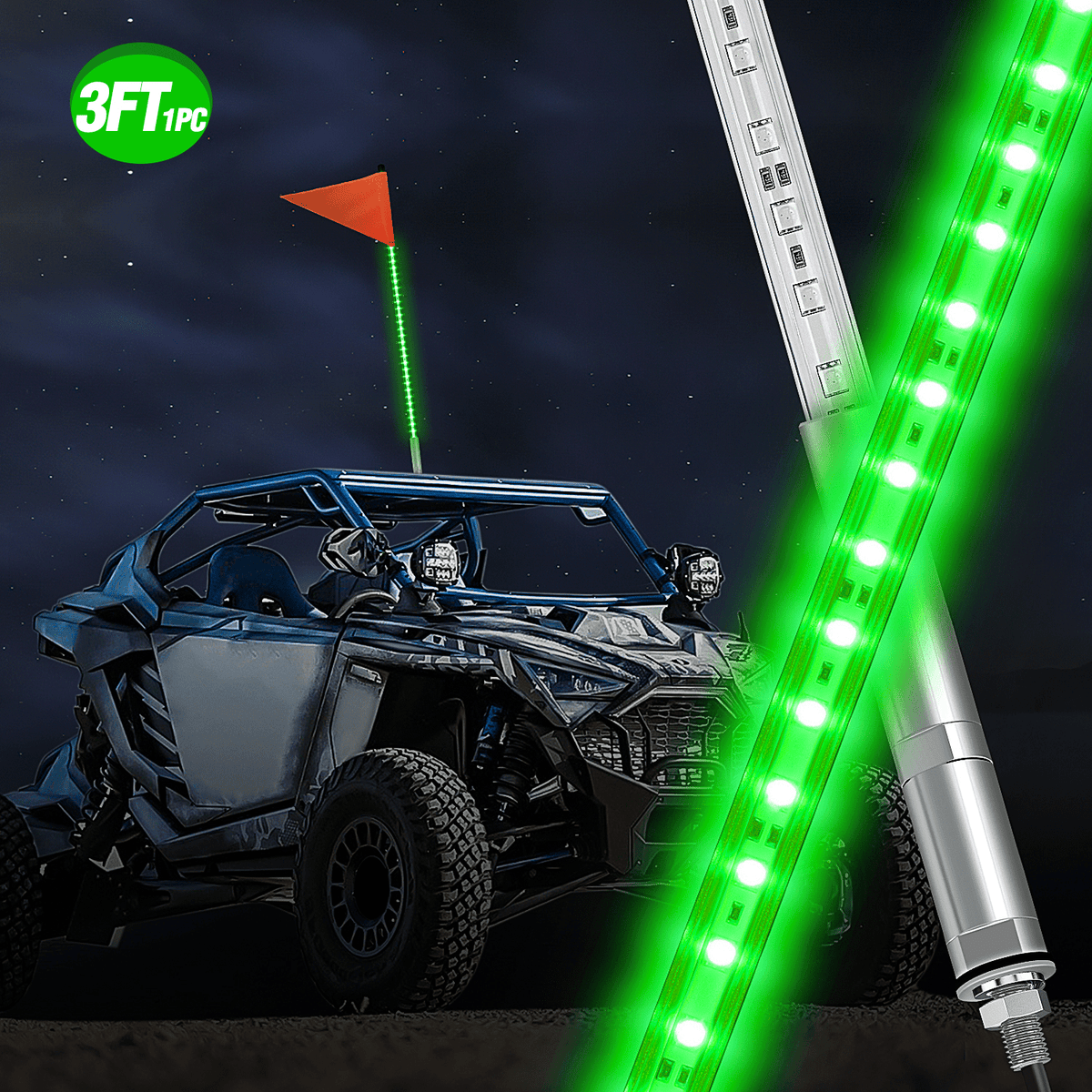 3FT LED Whip Light with Aluminum Base Green Color - Nilight