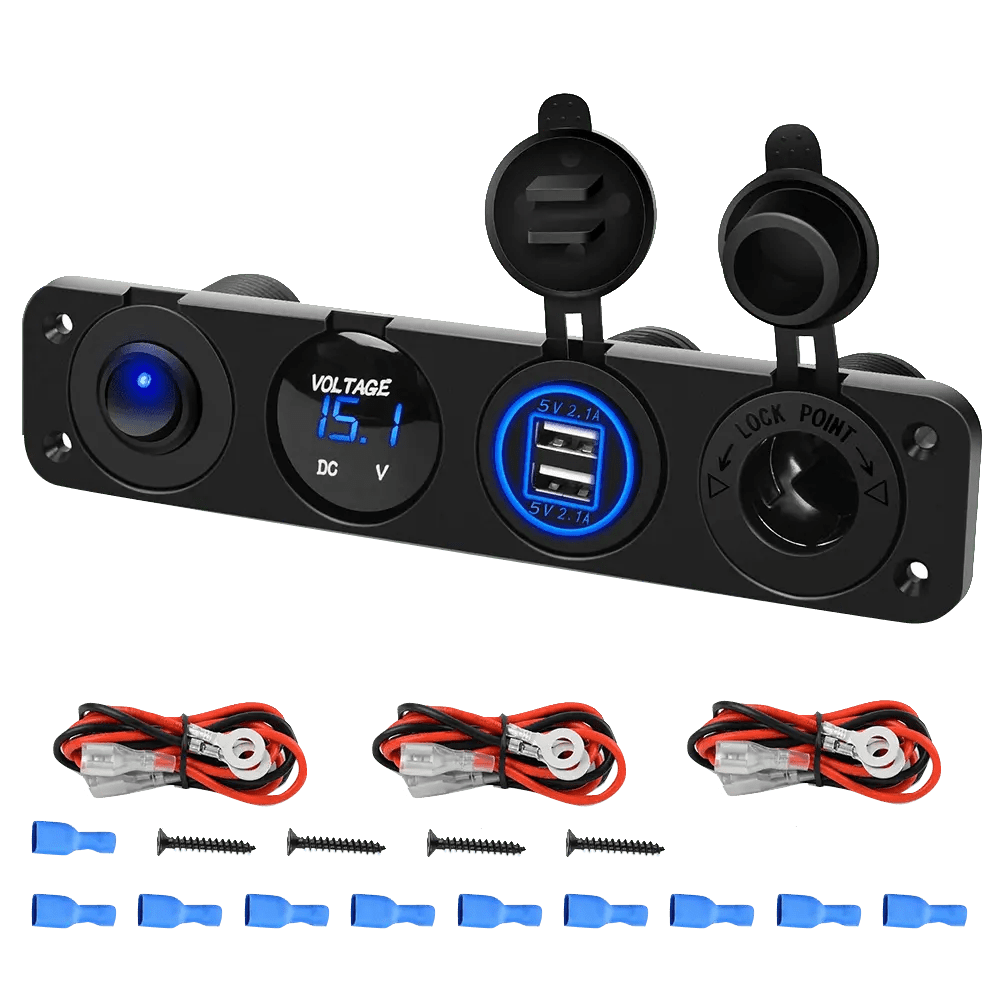 4 in 1 ON/OFF Blue Charger Socket Panel w/ Dual USB Voltmeter Cigarett ...