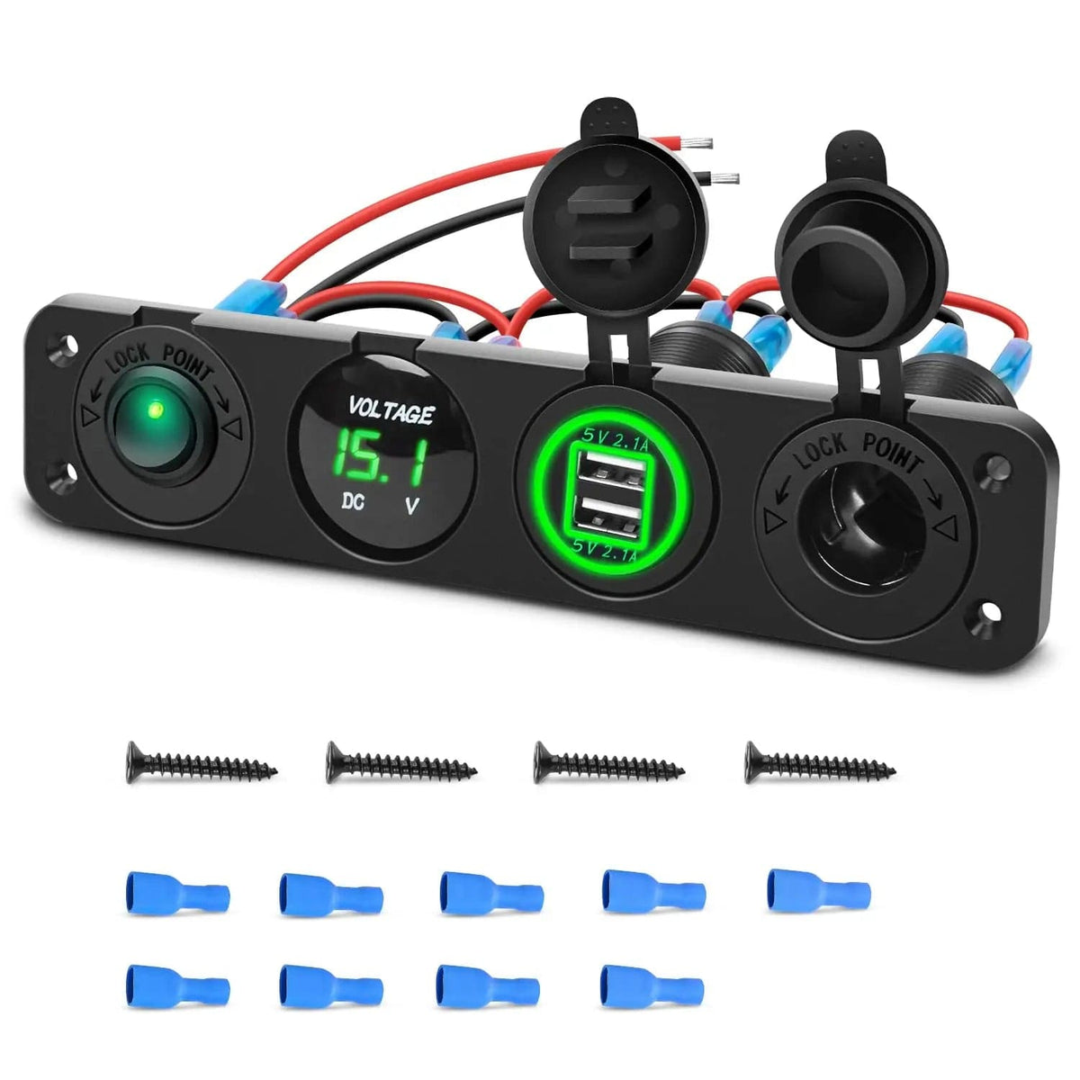 4 in 1 ON/OFF Green Charger Socket Panel w/ Dual USB Voltmeter – Nilight