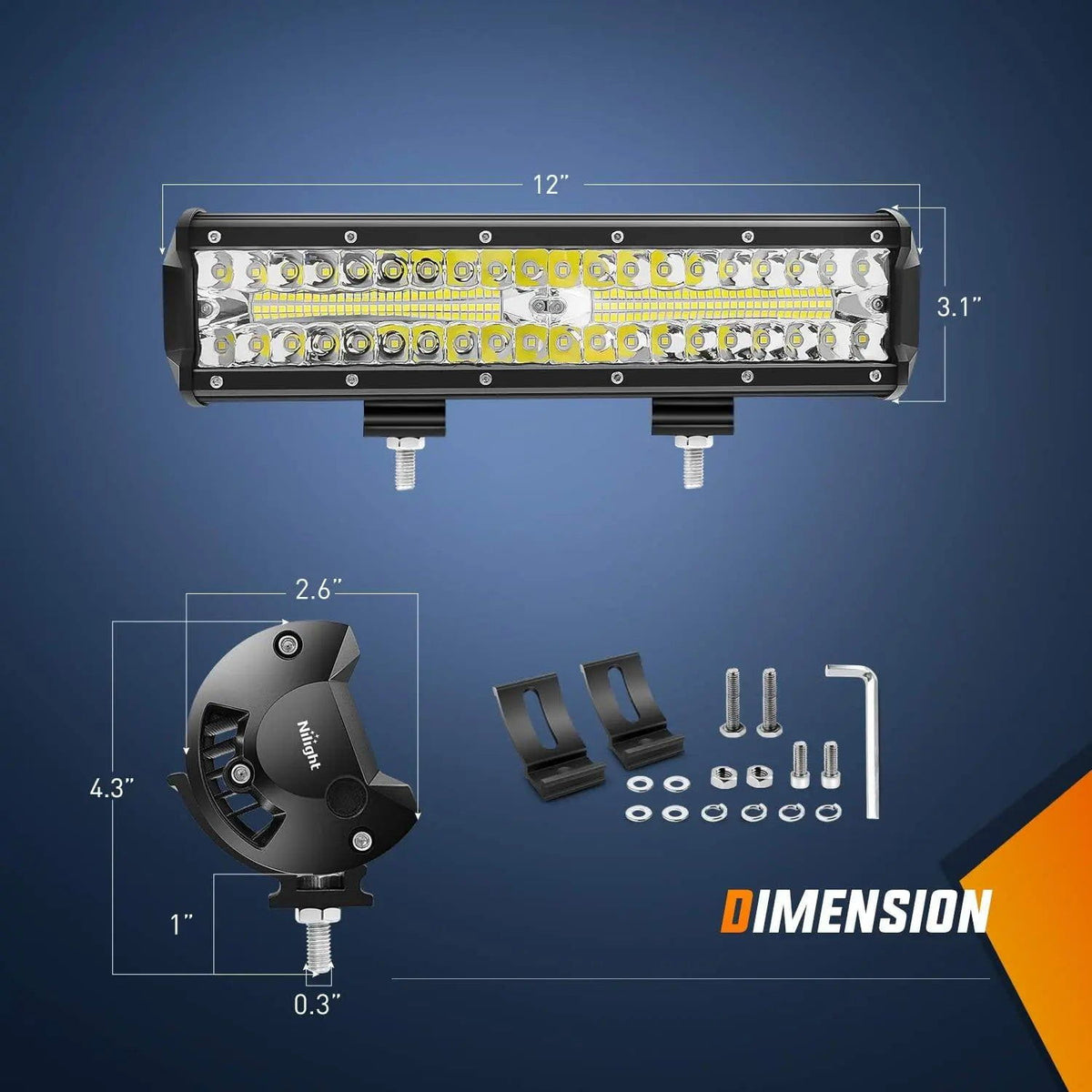 12 Inch 300W 30000LM Triple Row Spot/Flood Led Light Bar Kit | 16AWG W ...