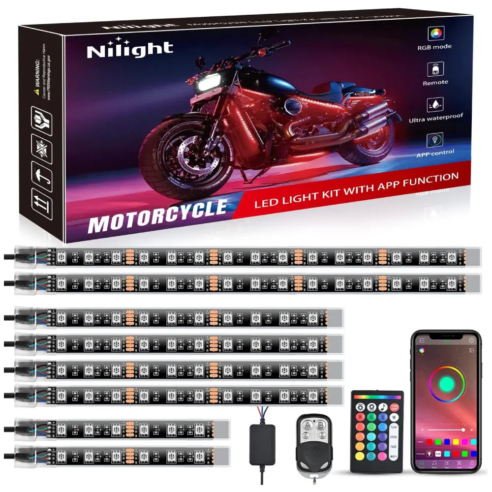 Motorcycle RGB APP Remote Control LED Strip Lights 8PCS - Nilight