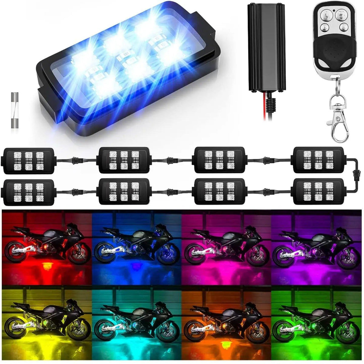 Motorcycle RGB RF Remote Control LED Pod Lights 8PCS - Nilight