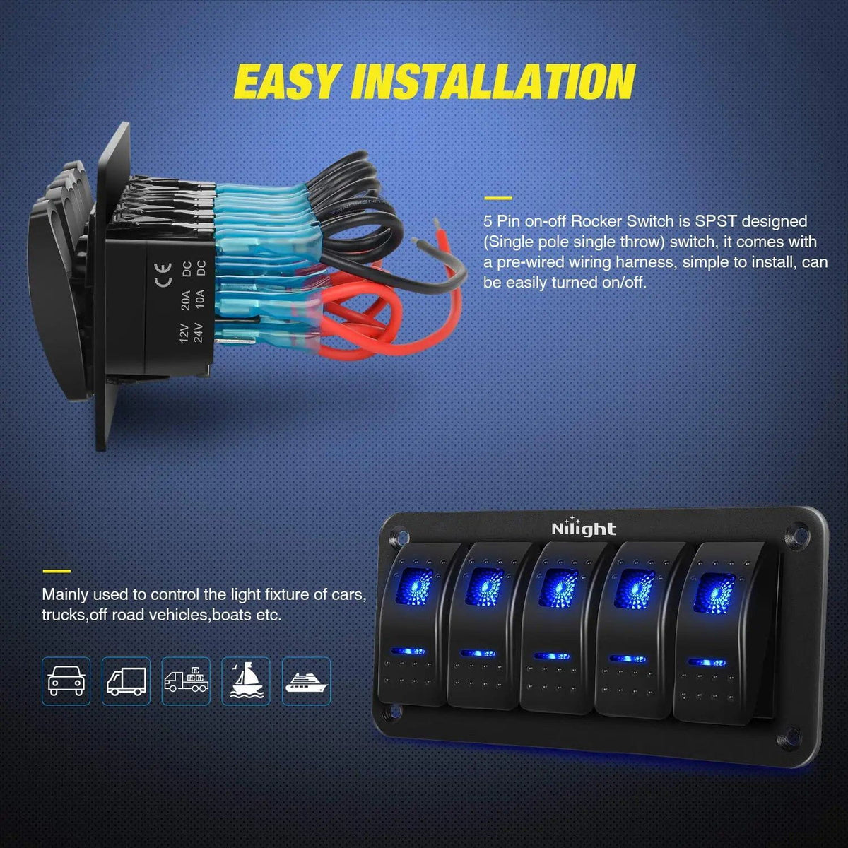 5Gang Aluminum 5Pin ON/Off Blue Rocker Switch Panel – Nilight