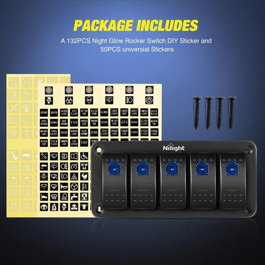 5Gang Aluminum 5Pin ON/Off Blue Rocker Switch Panel – Nilight