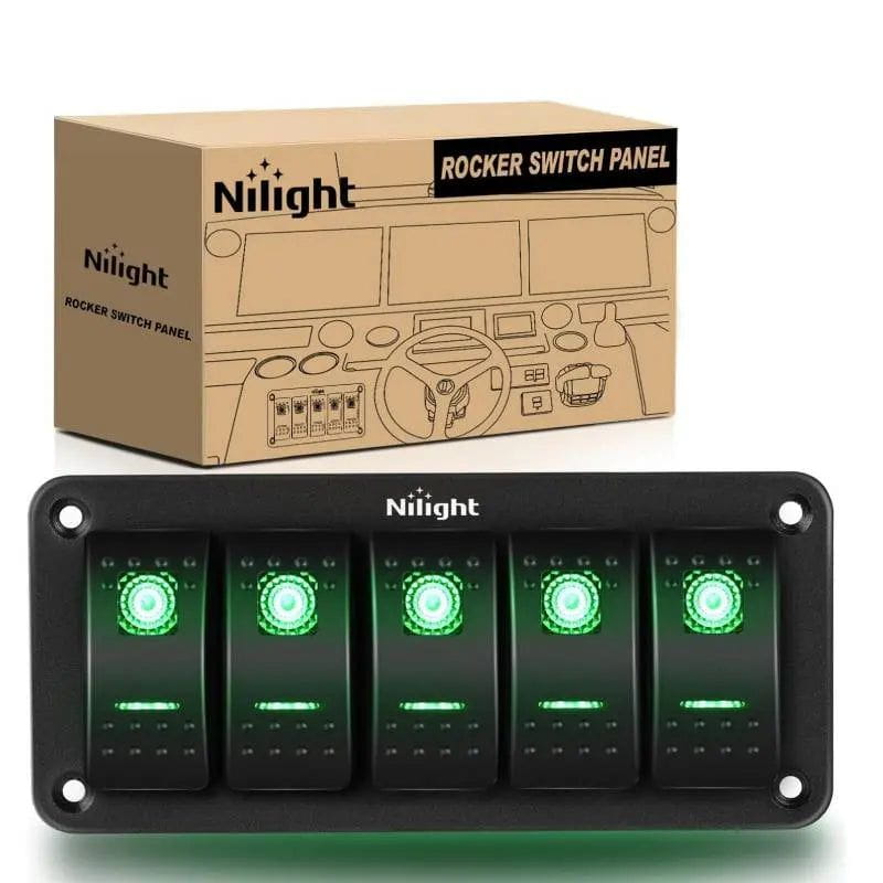 5Gang Aluminum 5Pin ON/Off Green Rocker Switch Panel - Nilight
