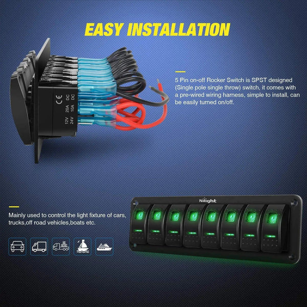 8Gang Aluminum 5Pin ON/Off Green Rocker Switch Panel – Nilight