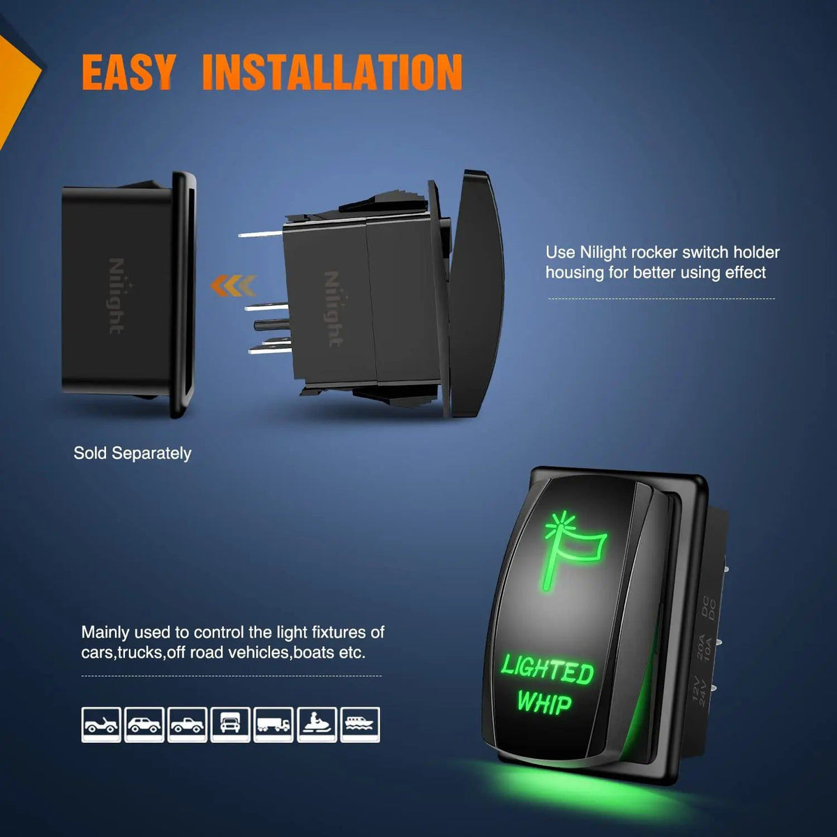 5Pin Laser On/Off Lighted Whip Rocker Switch Green – Nilight
