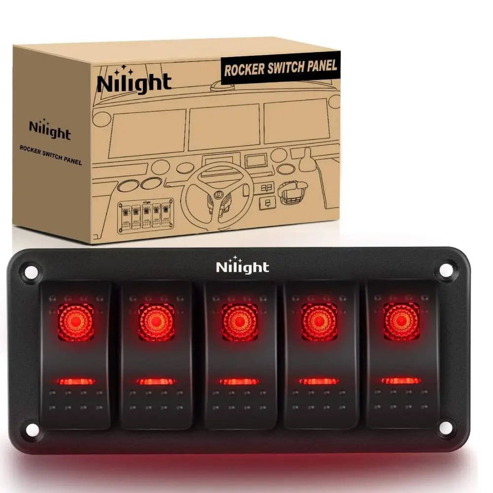 5Gang Aluminum 5Pin ON/Off Red Rocker Switch Panel - Nilight