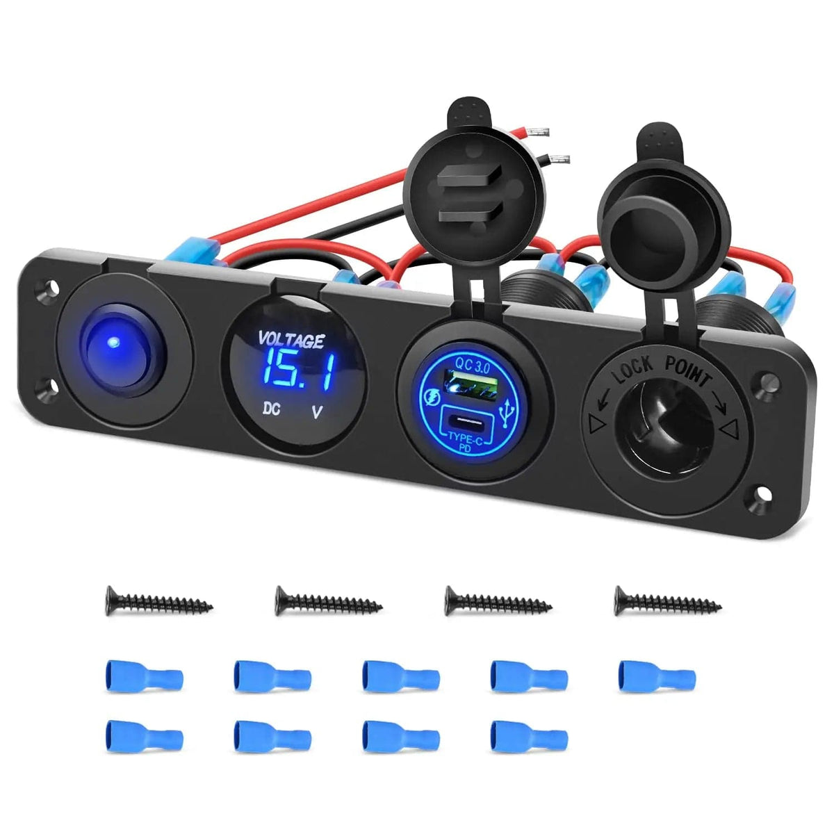 4 in 1 ON/OFF Blue Charger Socket Panel w/ PD Type C QC 3.0 USB – Nilight