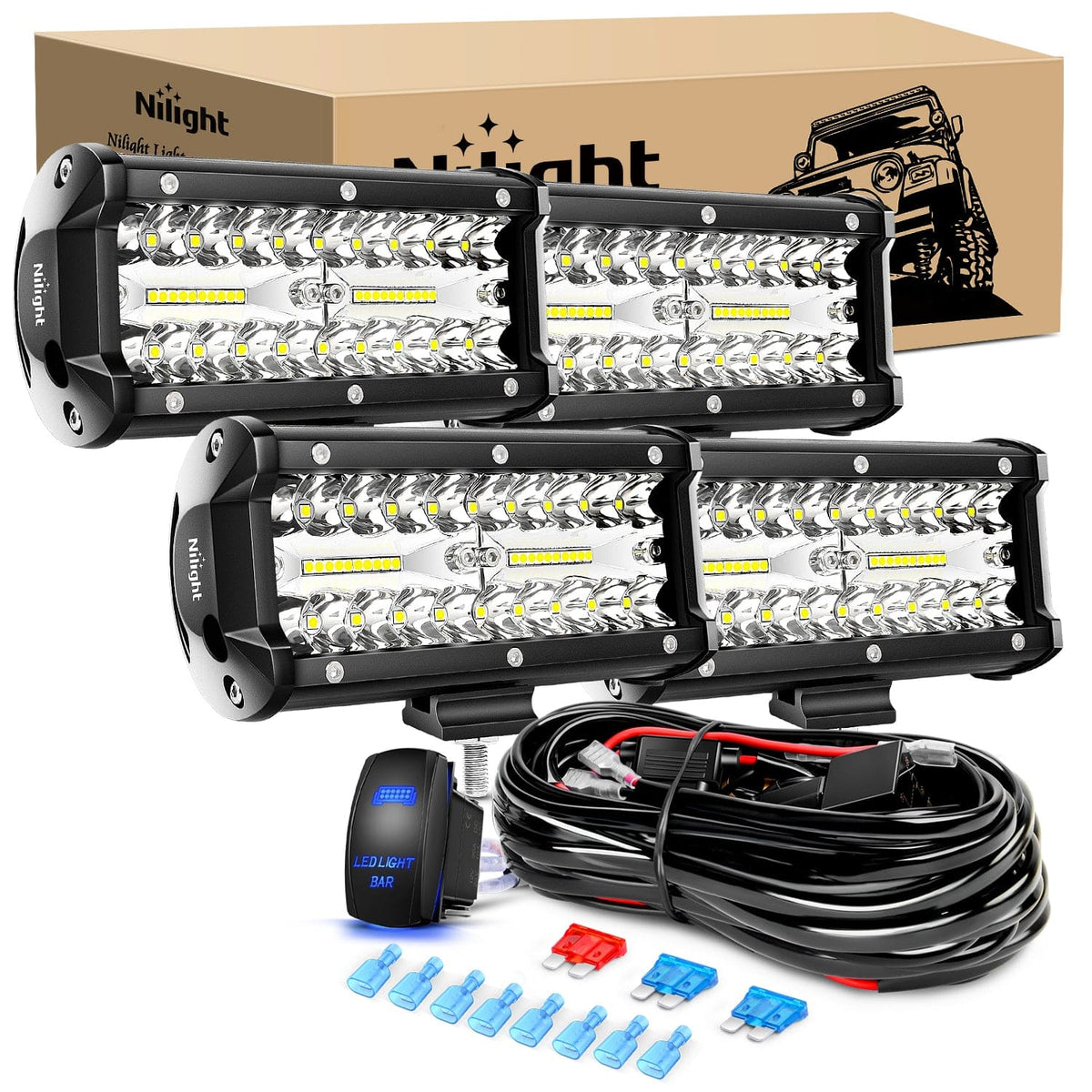 4PCS 6.5Inch 120W Triple Rows Led Light Bar with 16AWG 5Pin Switch ...