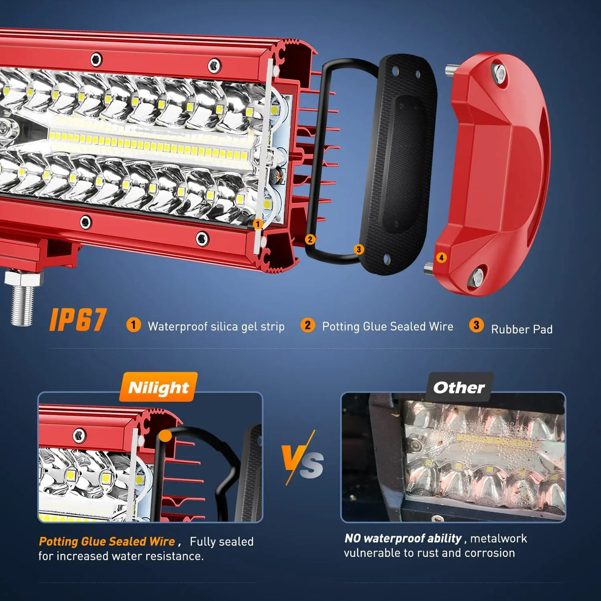 12 Inch 300W Triple Row Red Case Spot/Flood LED Light Bars | 16AWG Wir ...